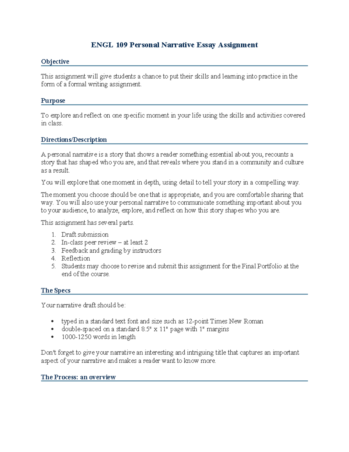 ENGL 109 Personal Narrative Essay Assignment Guidelines - Studocu