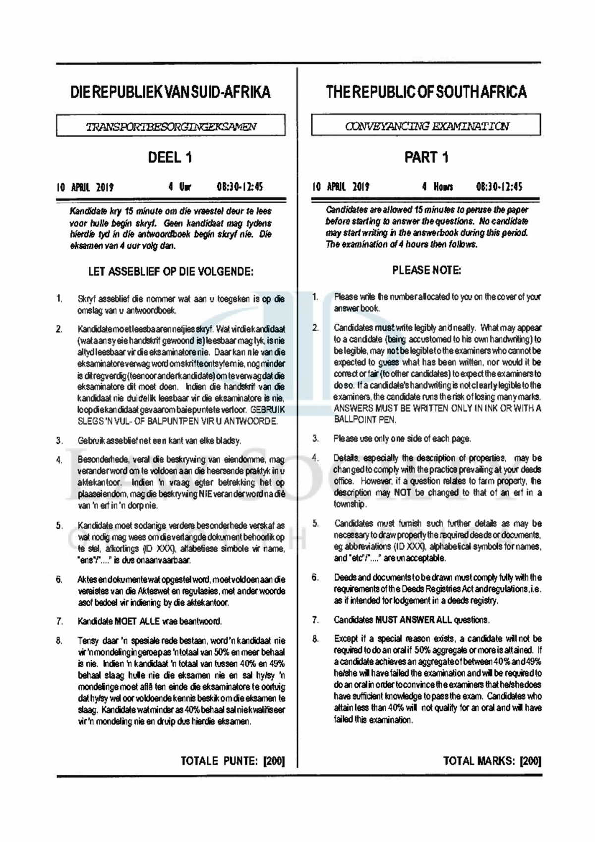 DIE REPUBLIEK VAN SUID-AFRIKA: TRANSPORTBESORGING EKSAMEN DEEL 1 - 10 ...