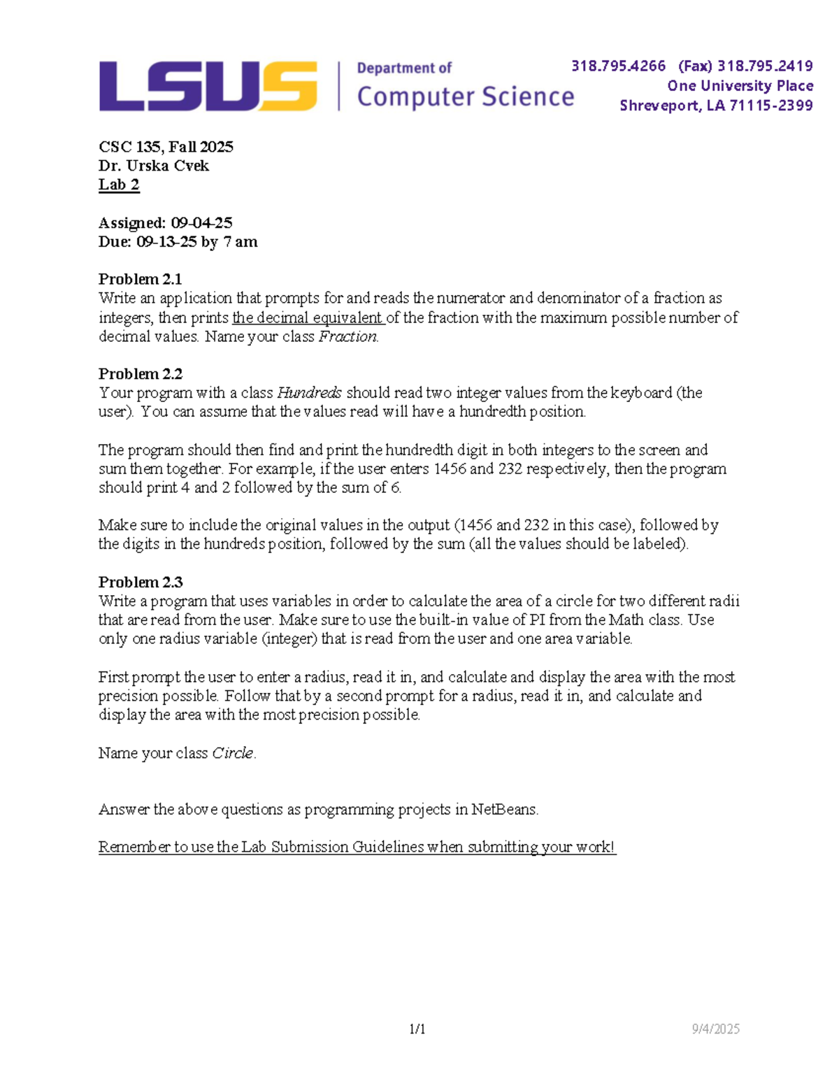 CSC 135 Lab 2: Fraction and Circle Programming Projects - Studocu