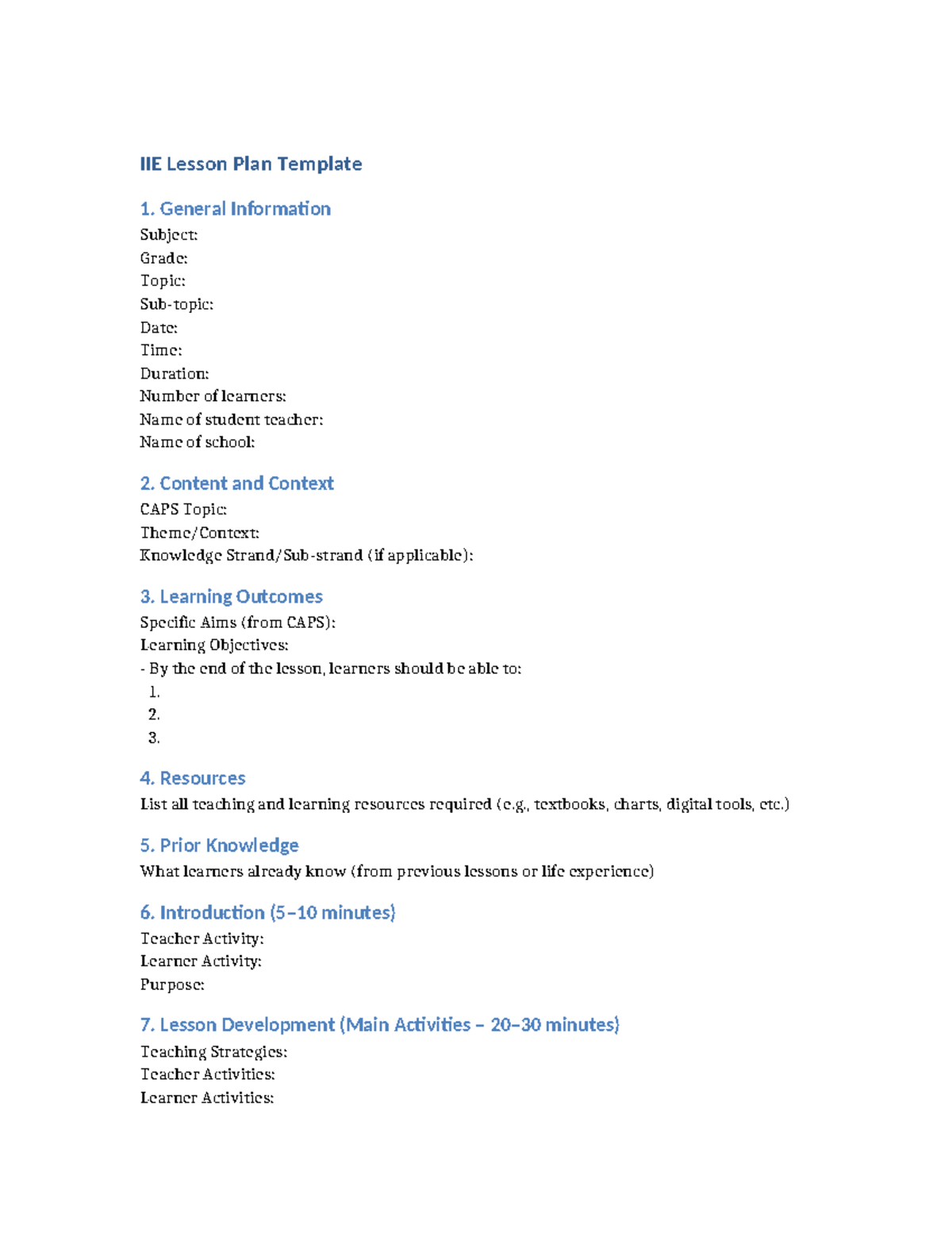 IIE Lesson Plan Template for 2025: Structure & Guidelines - Studocu