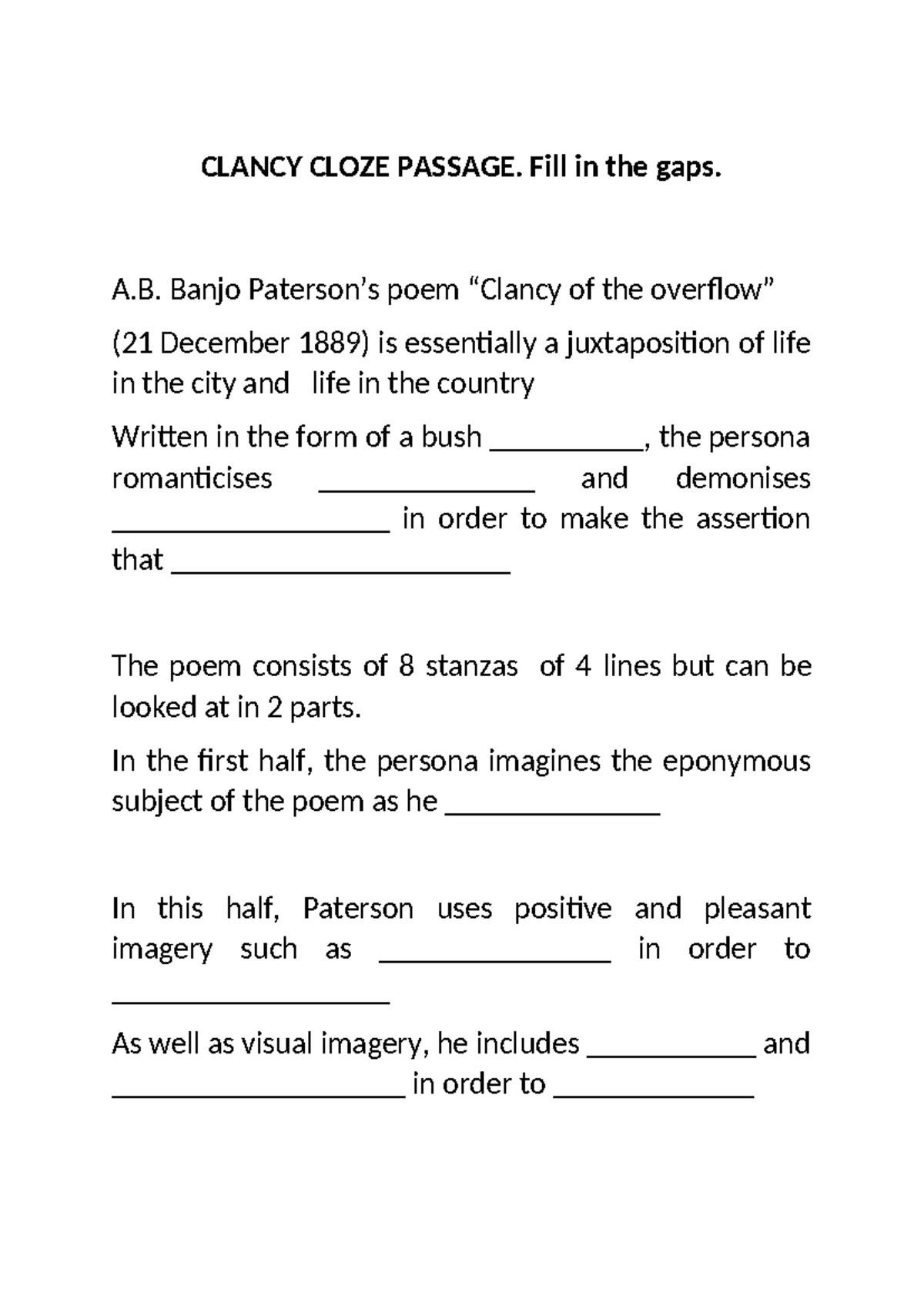 CLANCY CLOZE PASSAGE: Analyzing Banjo Paterson's Poem - Studocu