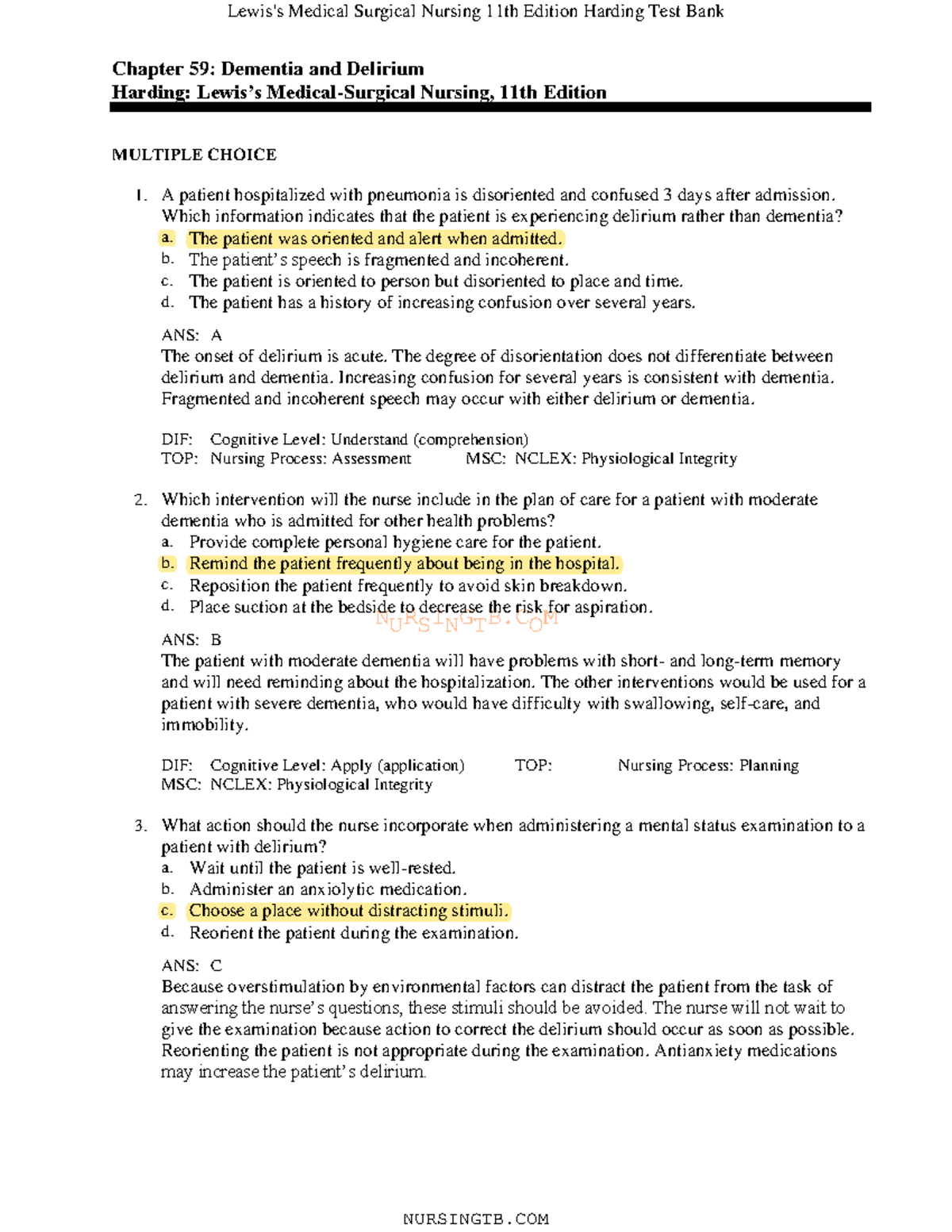 NURS 101: Chapter 59 - Dementia and Delirium Study Notes - Studocu