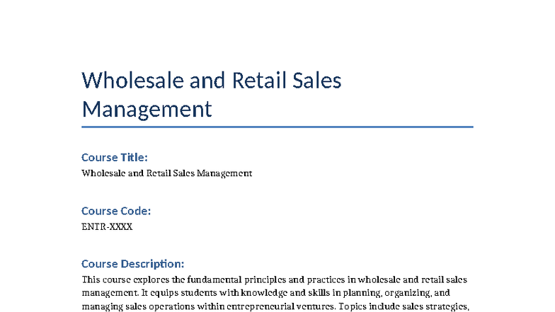Wholesale and Retail Sales Management Syllabus (Course Code: 3 Units ...