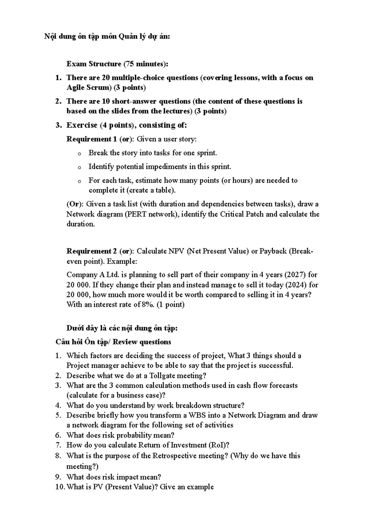 SPM - 2024 Fall Final Exam Review: Project Management Focus - Studocu