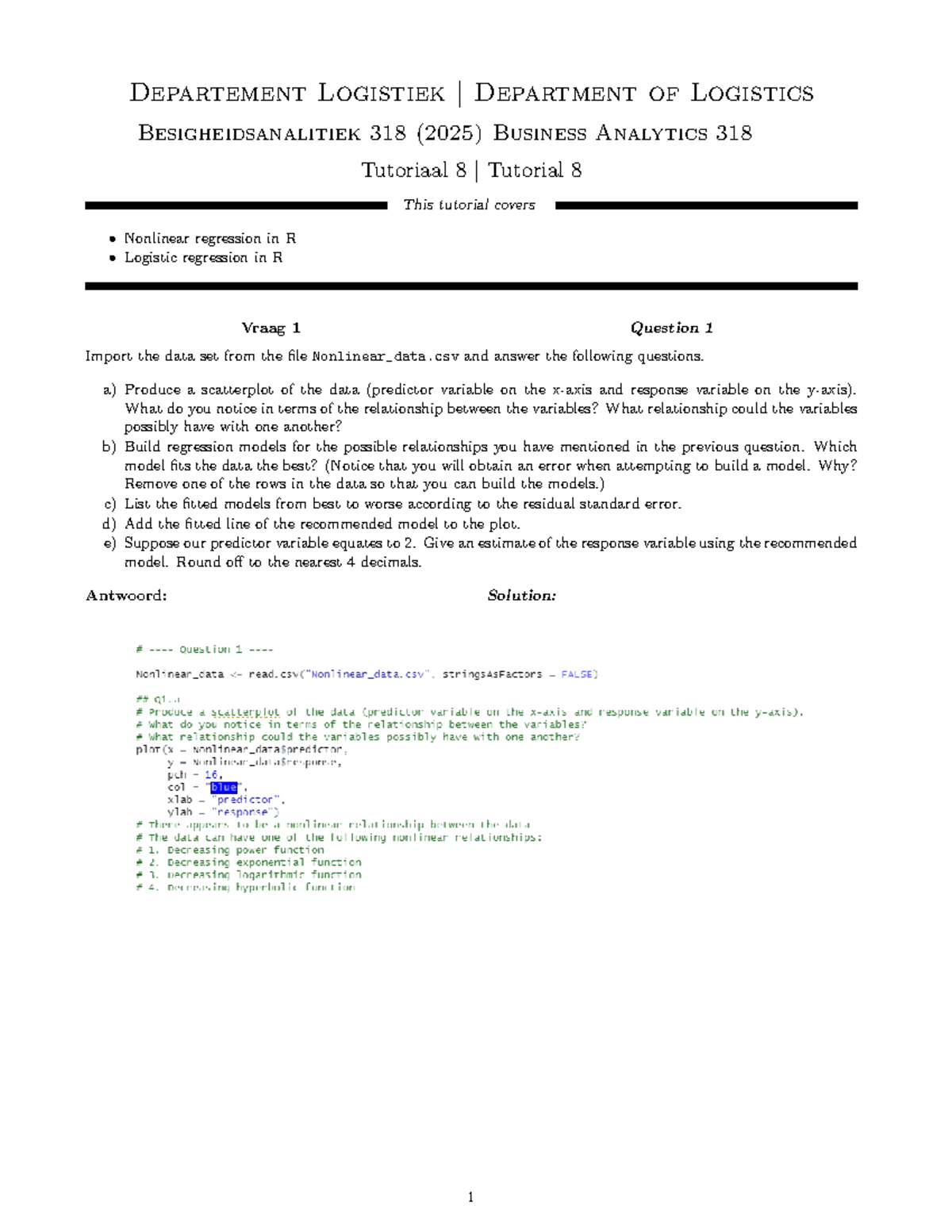 BA318 2025 Tutorial 8 Memo: Nonlinear & Logistic Regression in R - Studocu