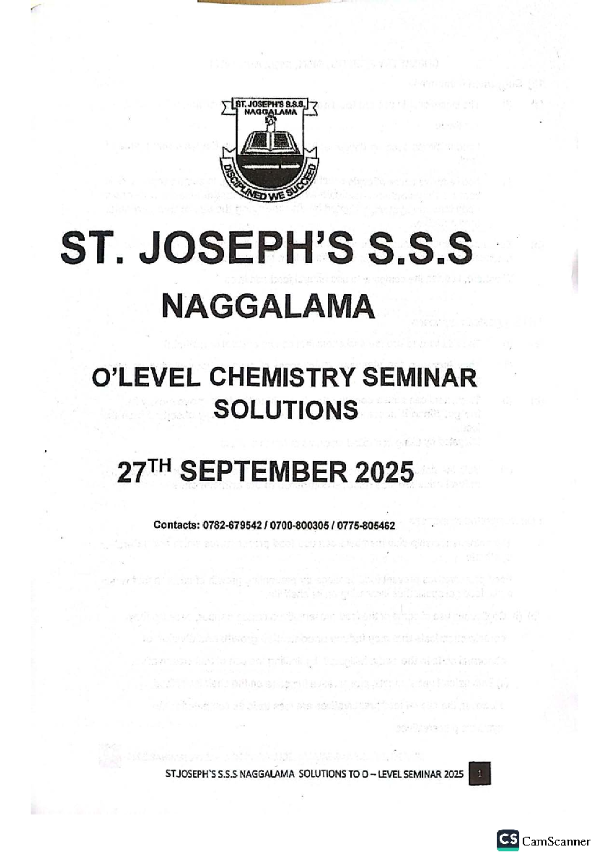 S.S.S NAGGALAMA O LEVEL CHEMISTRY SEMINAR SOLUTIONS 2025 - Studocu