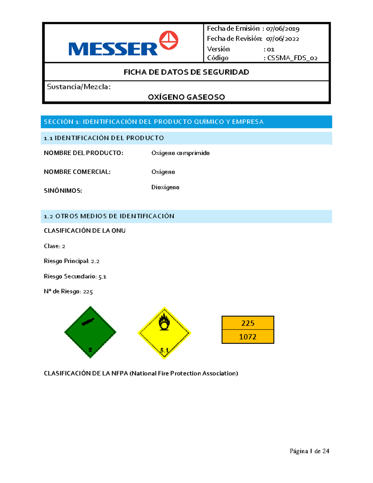 HDS Messer - HDS - Fecha de Revisión: 0 7 /0 6 /20 22 Versión : 01 ...
