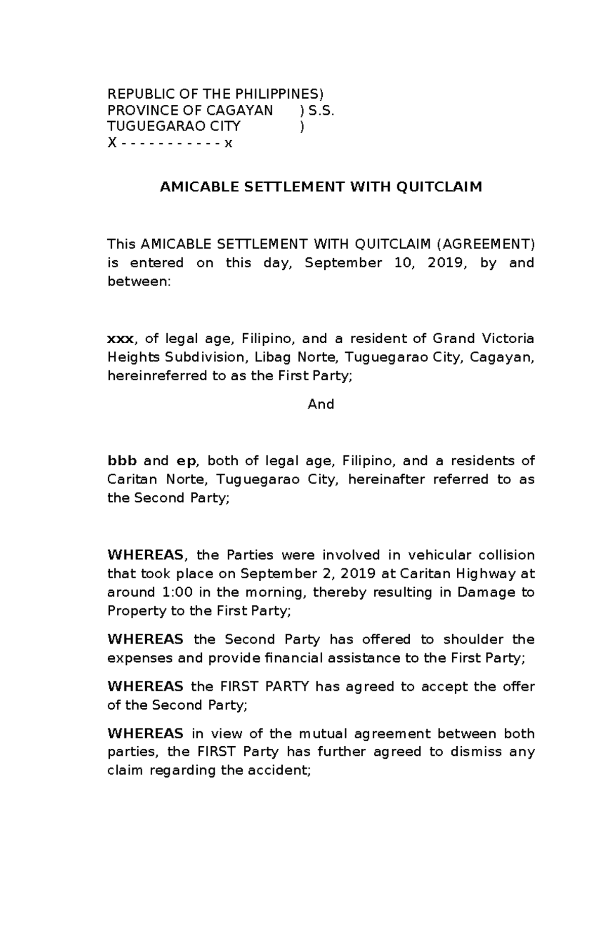 Amicable Settlement With Quitclaim - REPUBLIC OF THE PHILIPPINES ...