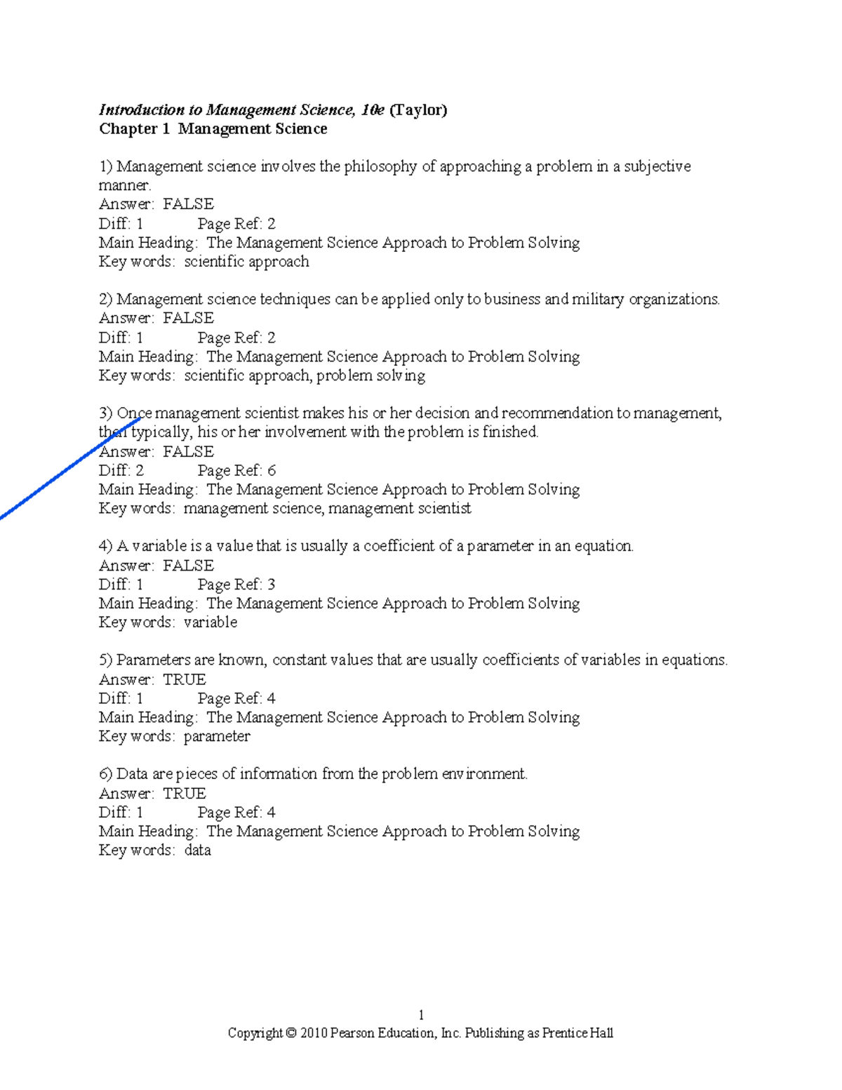 Ch1 MCQ - Questions - Introduction to Management Science, 10e (Taylor ...