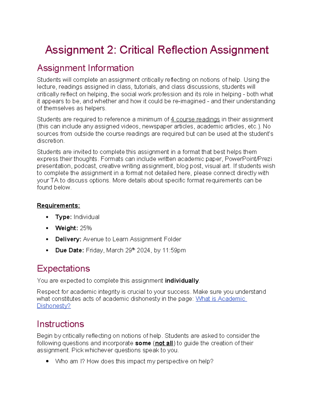 1BB3 2024 Critical Reflection Assignment Instructions and Rubric ...