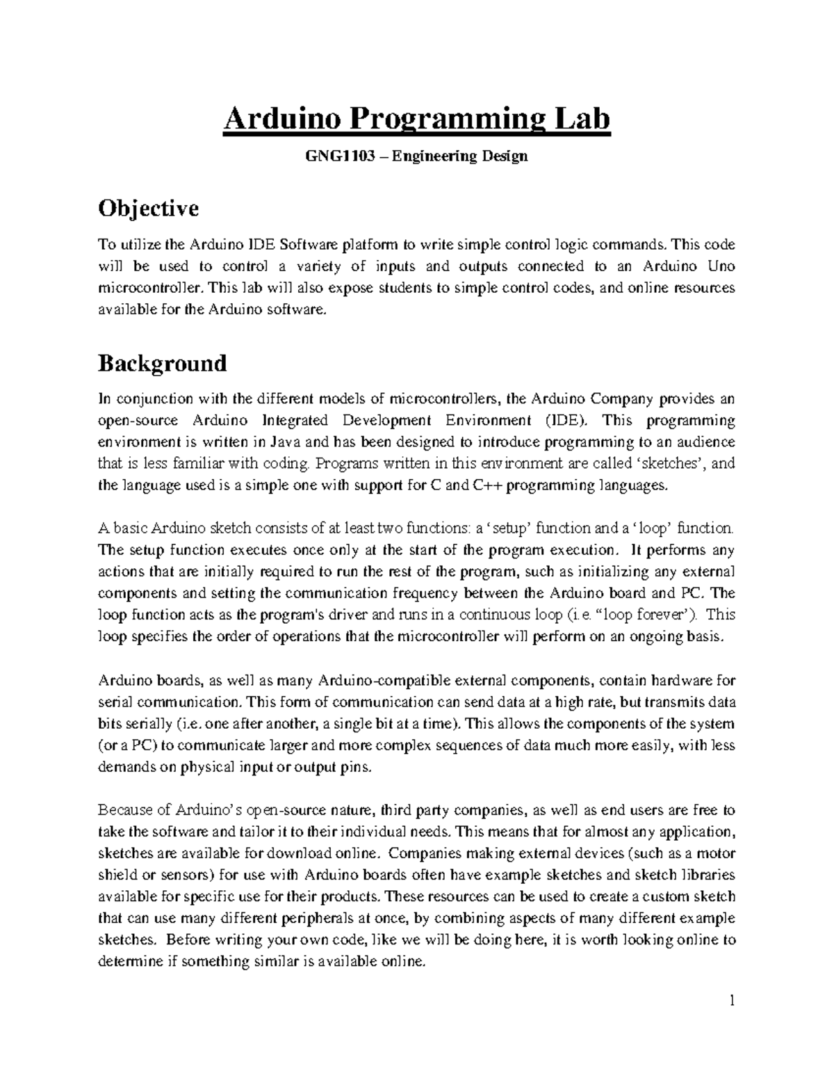 Arduino Programming Lab GNG1103: Control Logic & Sensor Integration - Studocu