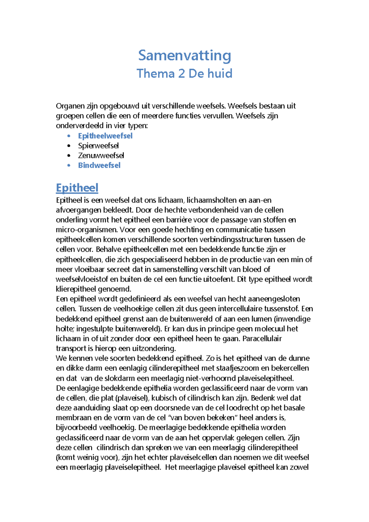 Thema 2: De huid - Overzicht van Epitheel- en Bindweefselstructuren ...