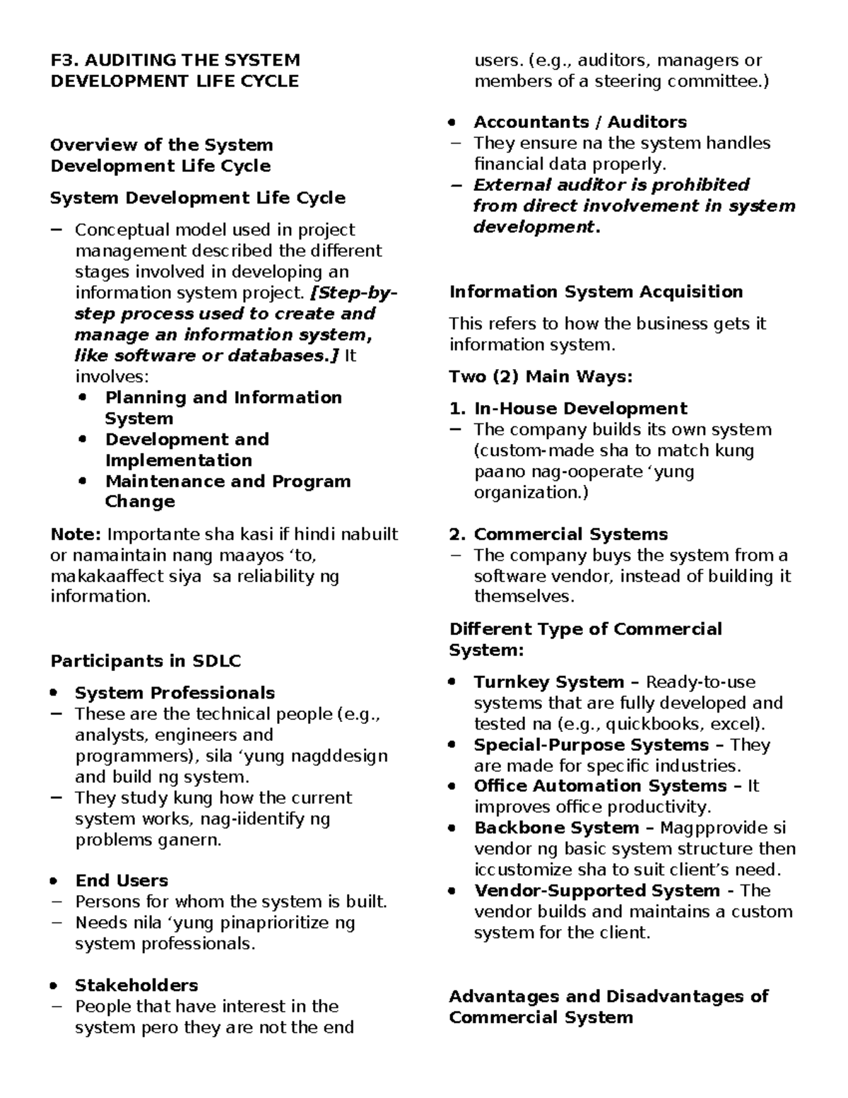 F3 - Overview of Auditing the System Development Life Cycle - Studocu
