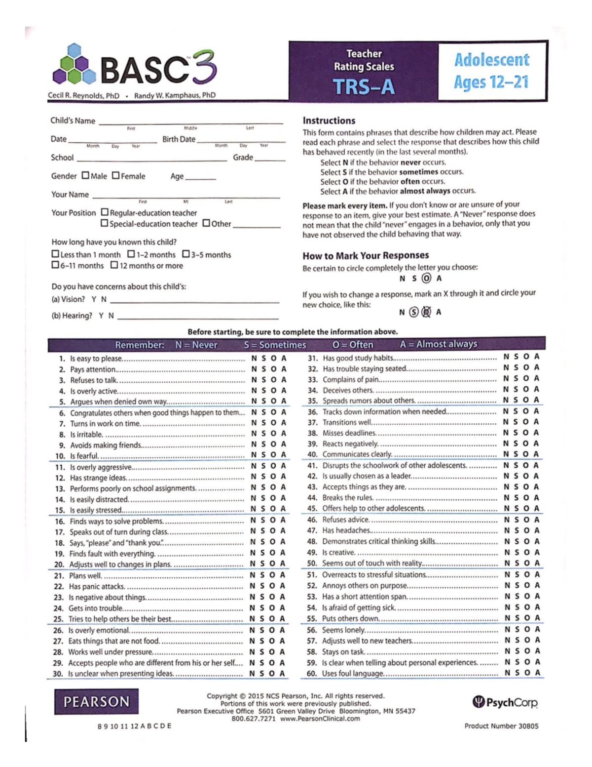 BASC-3 Teacher Rating Scales for Adolescents: Assessment Guide - Studocu