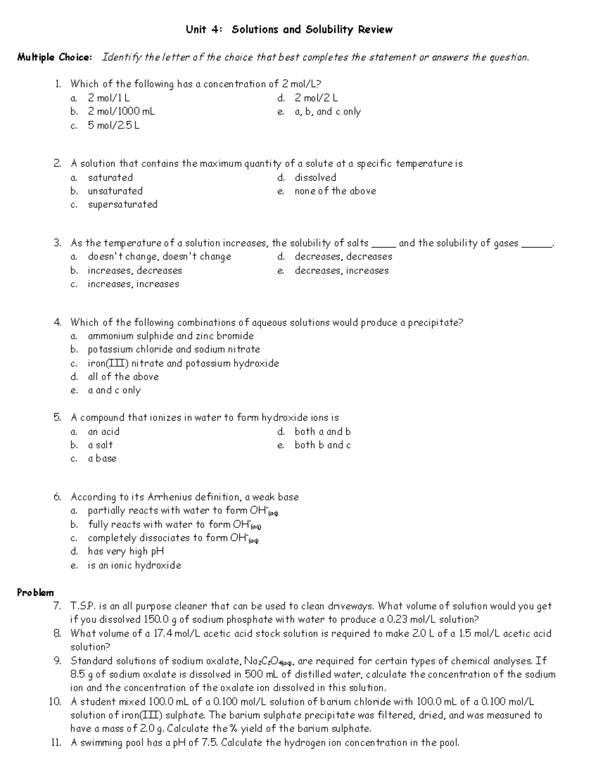 Unit 4 Solutions & Solubility: Review MCQs & Problem Sets - Studocu
