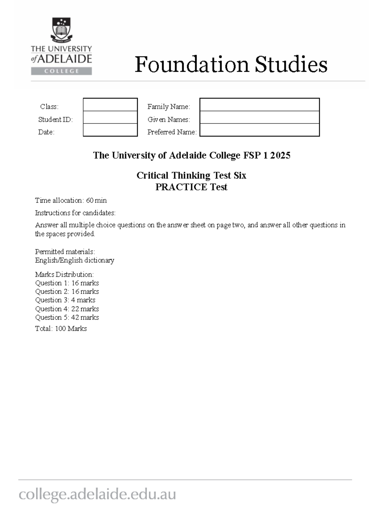 2025 FSP Critical Thinking Test Six Practice Document - Studocu