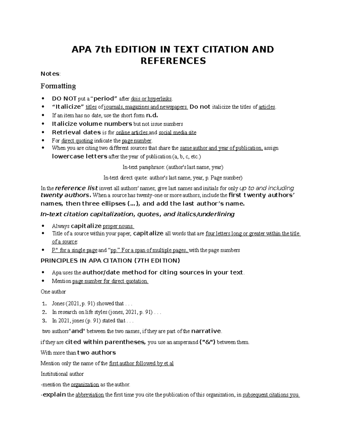 APA 7th Edition: In-Text Citation & References Notes - Studocu