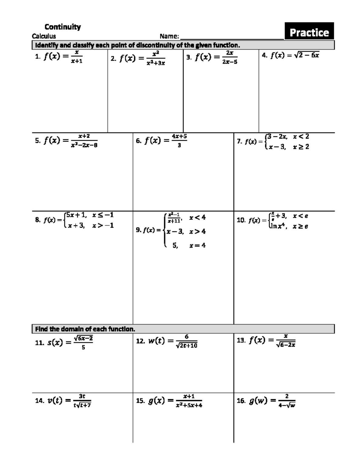 Continuity Calculus HW: Identifying Discontinuities and Domains - Studocu