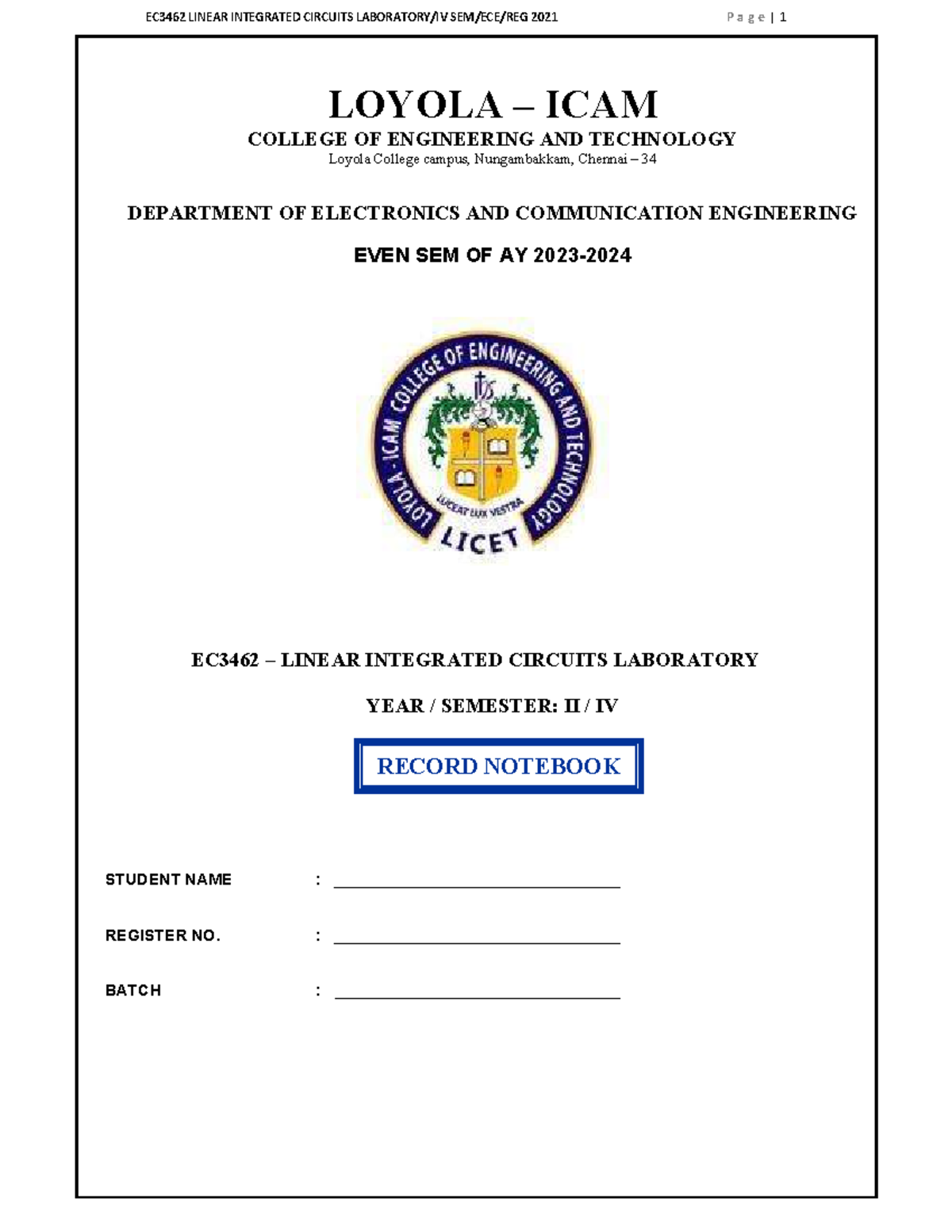 Lic-lab-record-2023-24 compress - LOYOLA – ICAM COLLEGE OF ENGINEERING ...