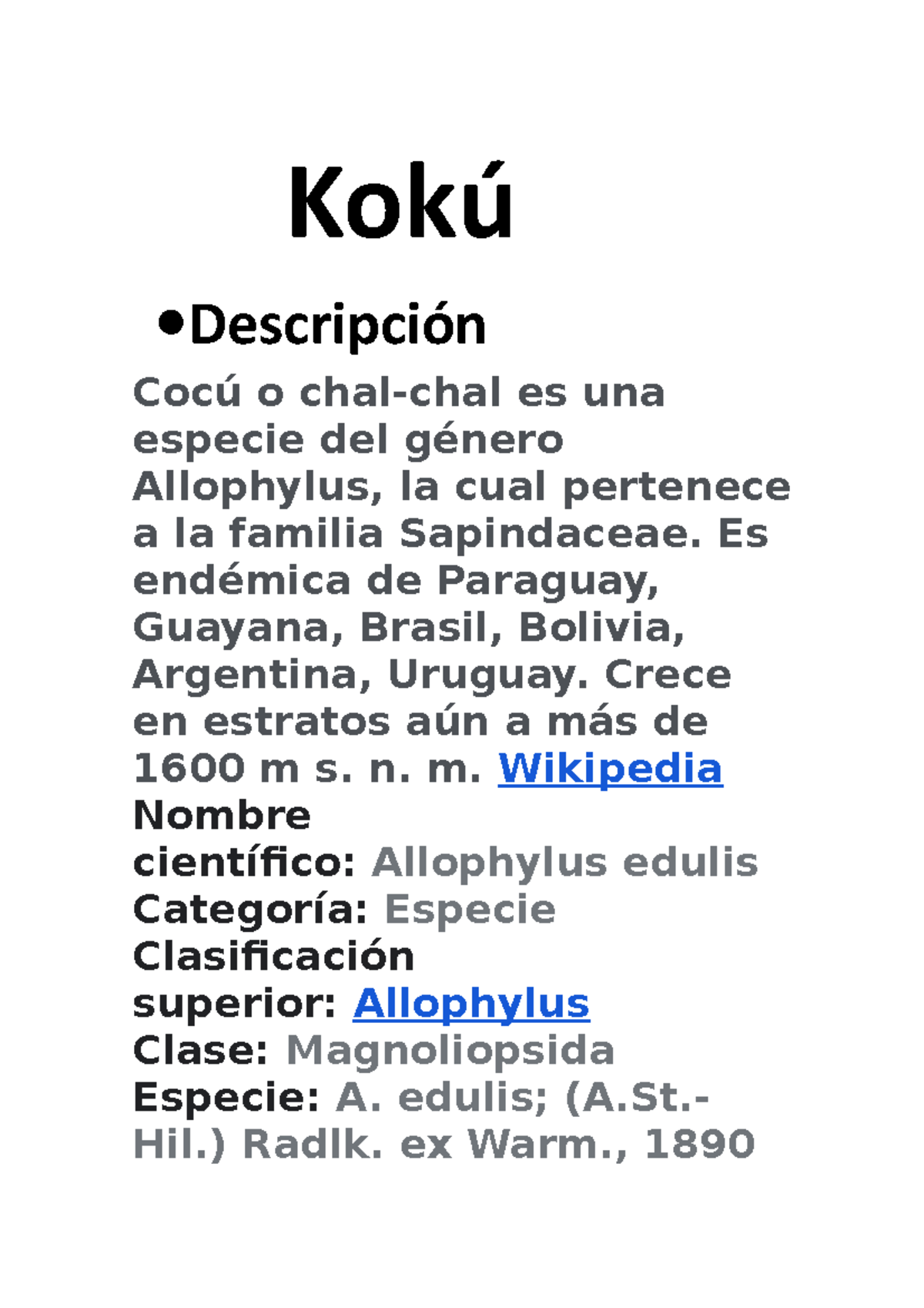 Trabajo práctico sobre el Kokú: Propiedades y Usos Medicinales - Studocu