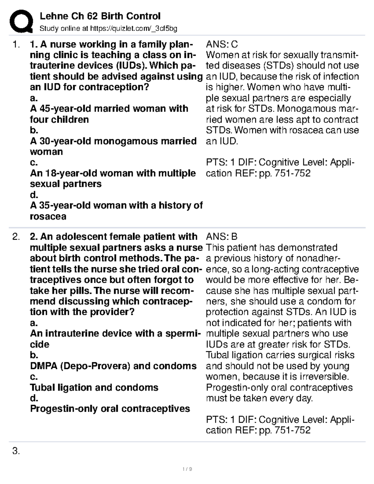 Quiz 6: Lehne Chapter 62 - Birth Control Methods and Considerations ...