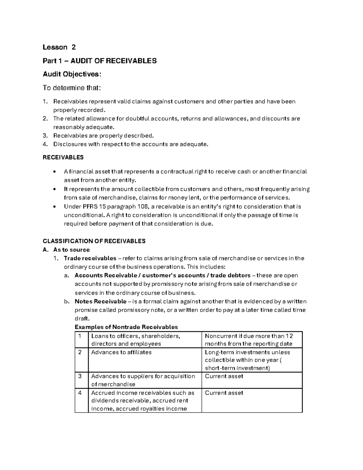 Lesson 2: Audit of Receivables Overview and Key Concepts - Studocu