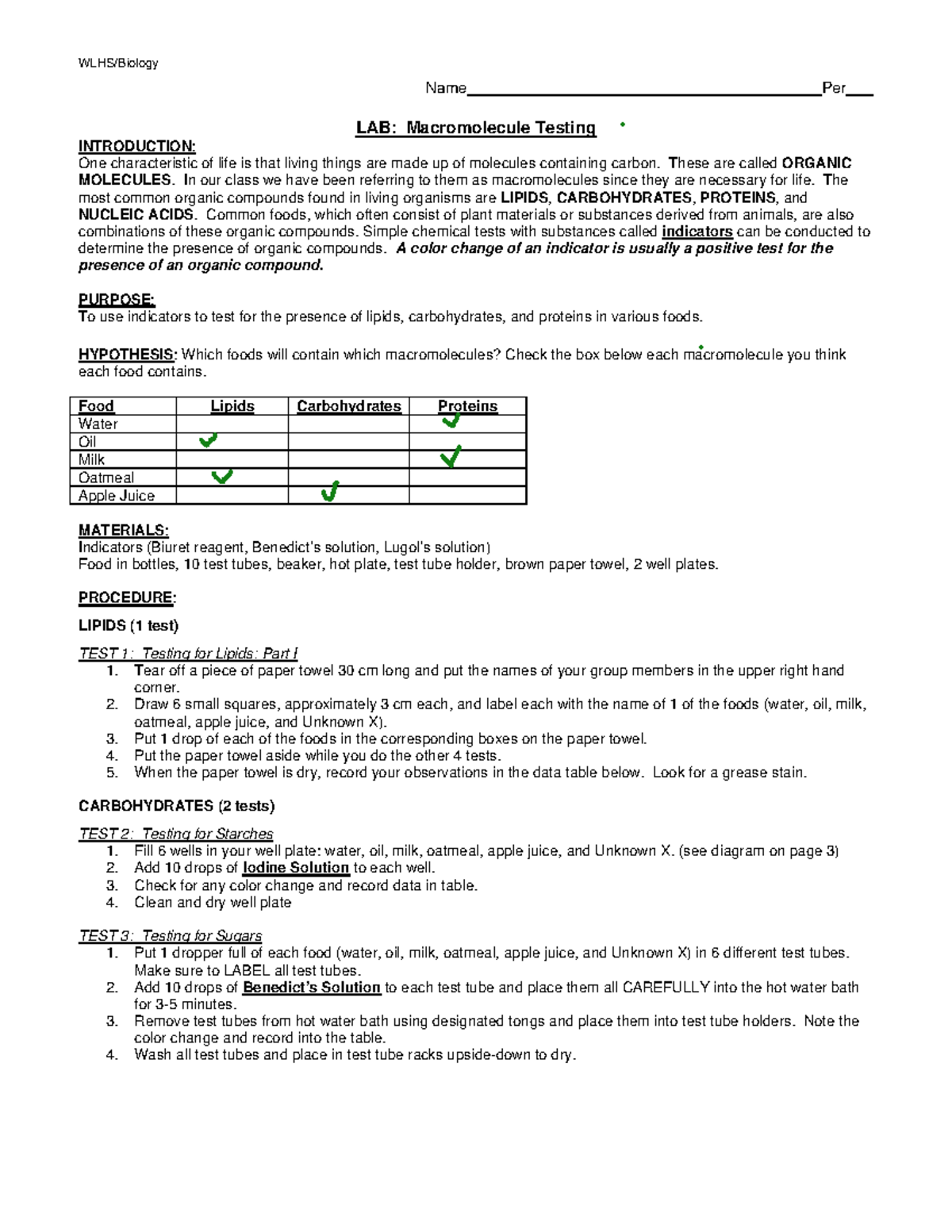 WLHS Biology Lab: Macromolecule Testing (Lipids, Carbs, Proteins) - Studocu