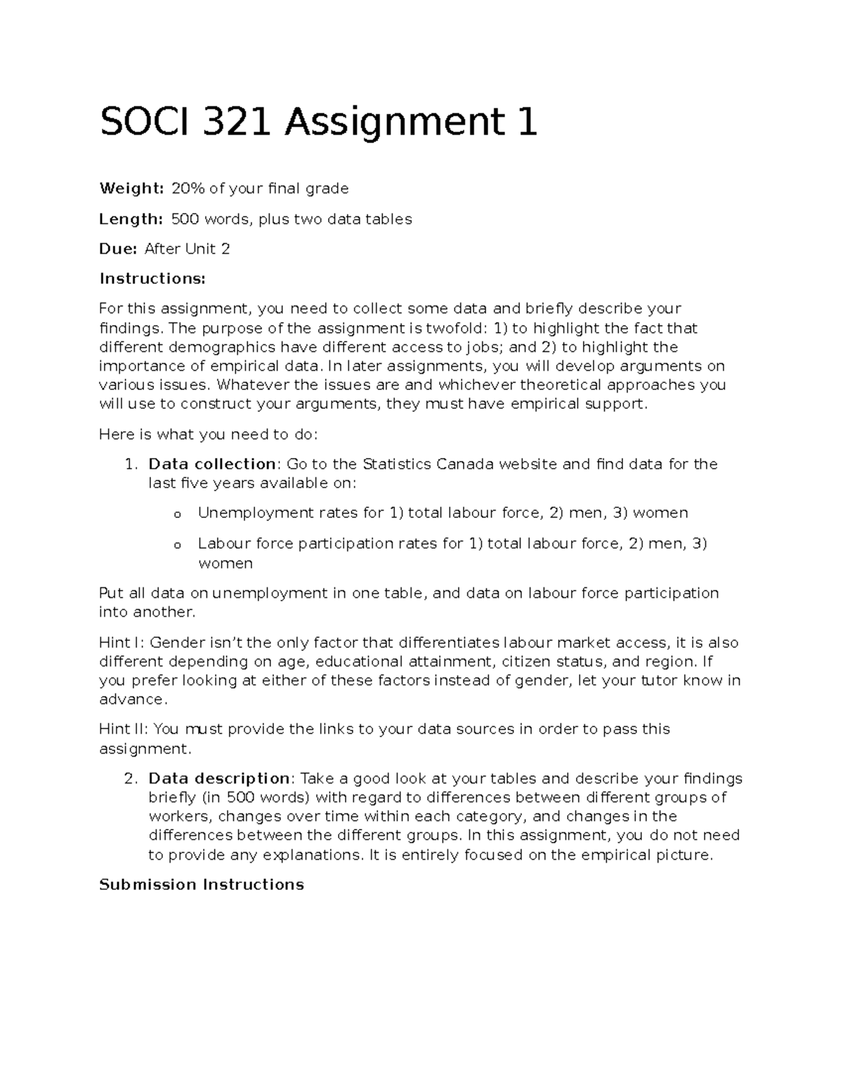 SOCI 321 Assignment 1: Data Collection & Analysis on Labour Market ...