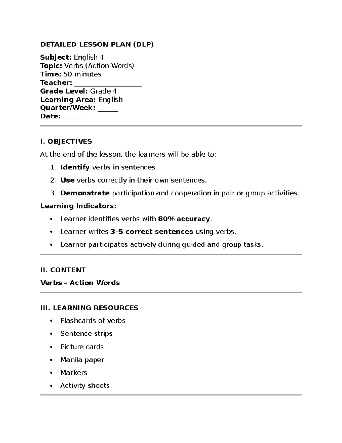 Detailed Lesson Plan (DLP) for English 4: Understanding Verbs - Studocu