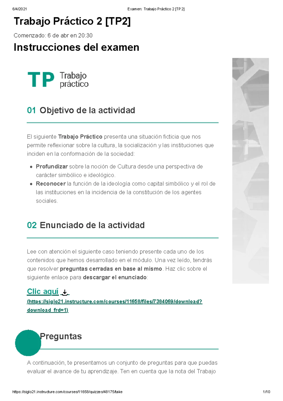 Sociologia TP 2 100% - trabajo practico - Trabajo Práctico 2 [TP2] Comenzado: 29 de mar en 21 ...