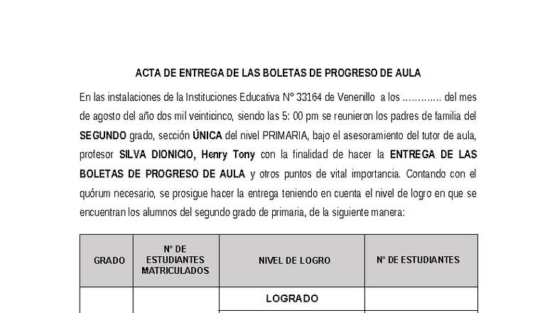 ACTA DE ENTREGA DE BOLETAS DE PROGRESO - SEGUNDO GRADO PRIMARIA - Studocu