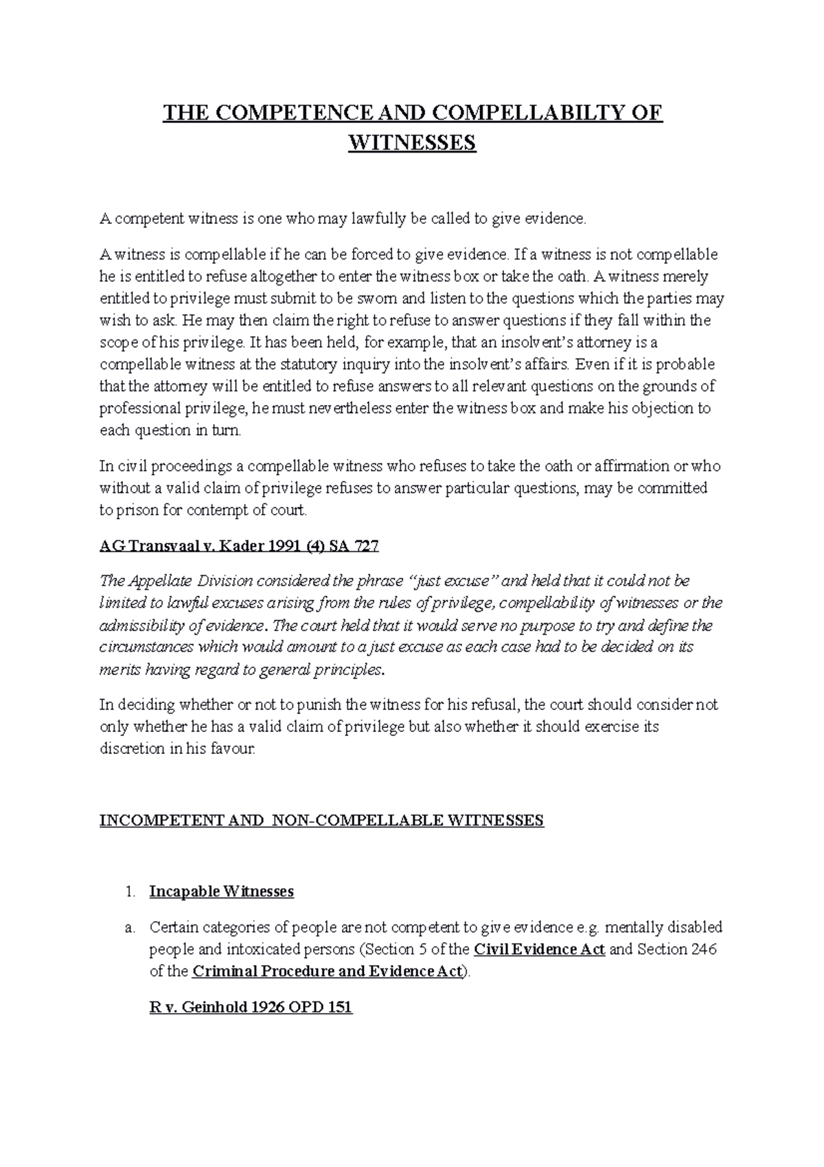 Competence and Compellability of Witnesses: Key Legal Principles - Studocu