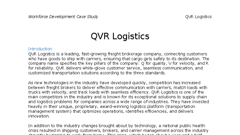 QVR Logistics Workforce Development Case Study Analysis - Studocu