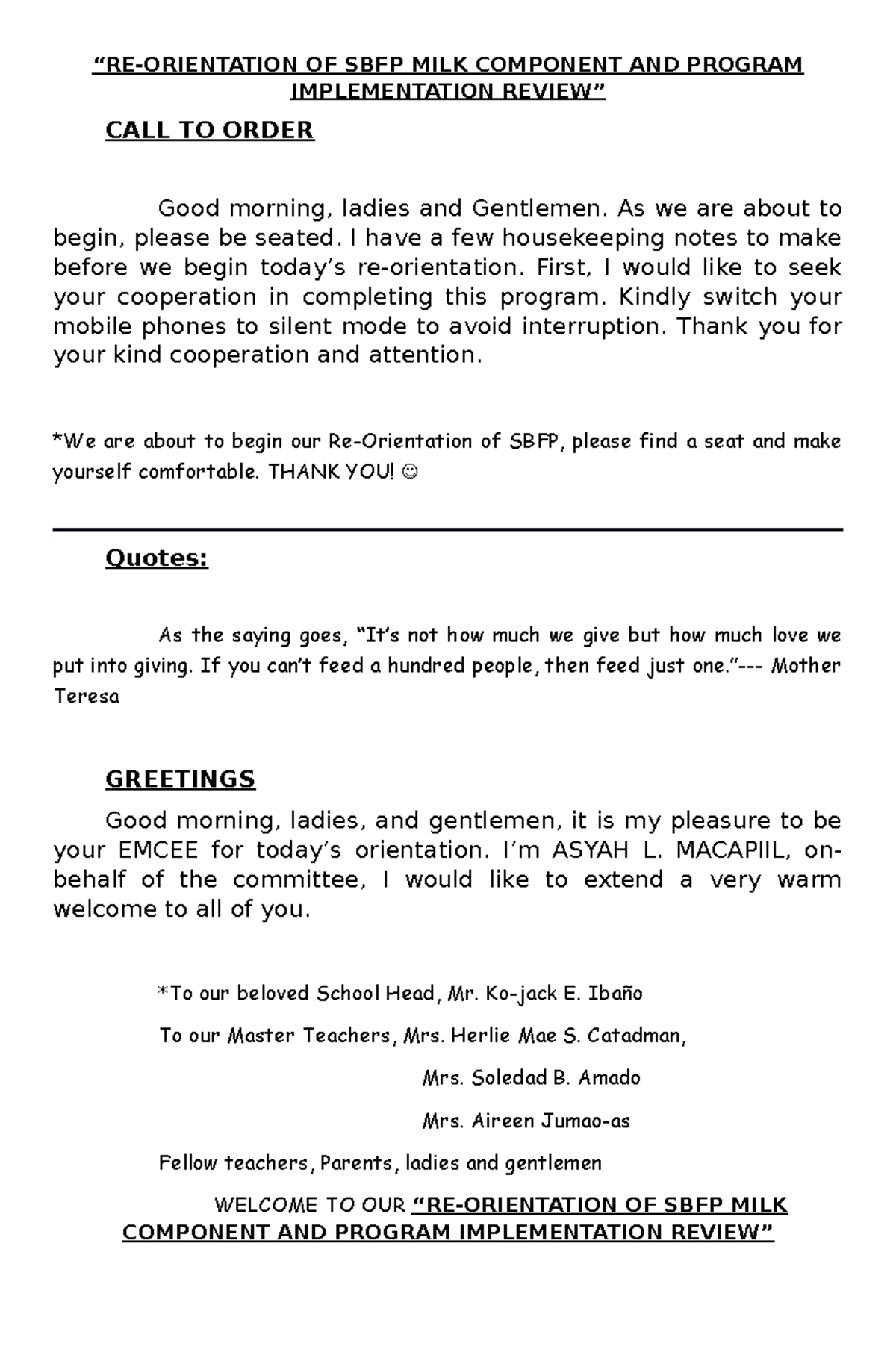 Script-feeding - SDGHDGHBV - “RE-ORIENTATION OF SBFP MILK COMPONENT AND ...
