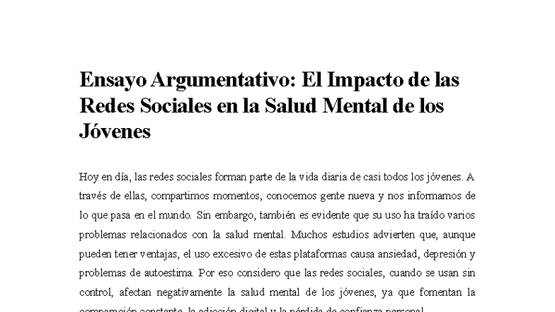 Ensayo Argumentativo: El Impacto de las Redes Sociales en la Salud ...