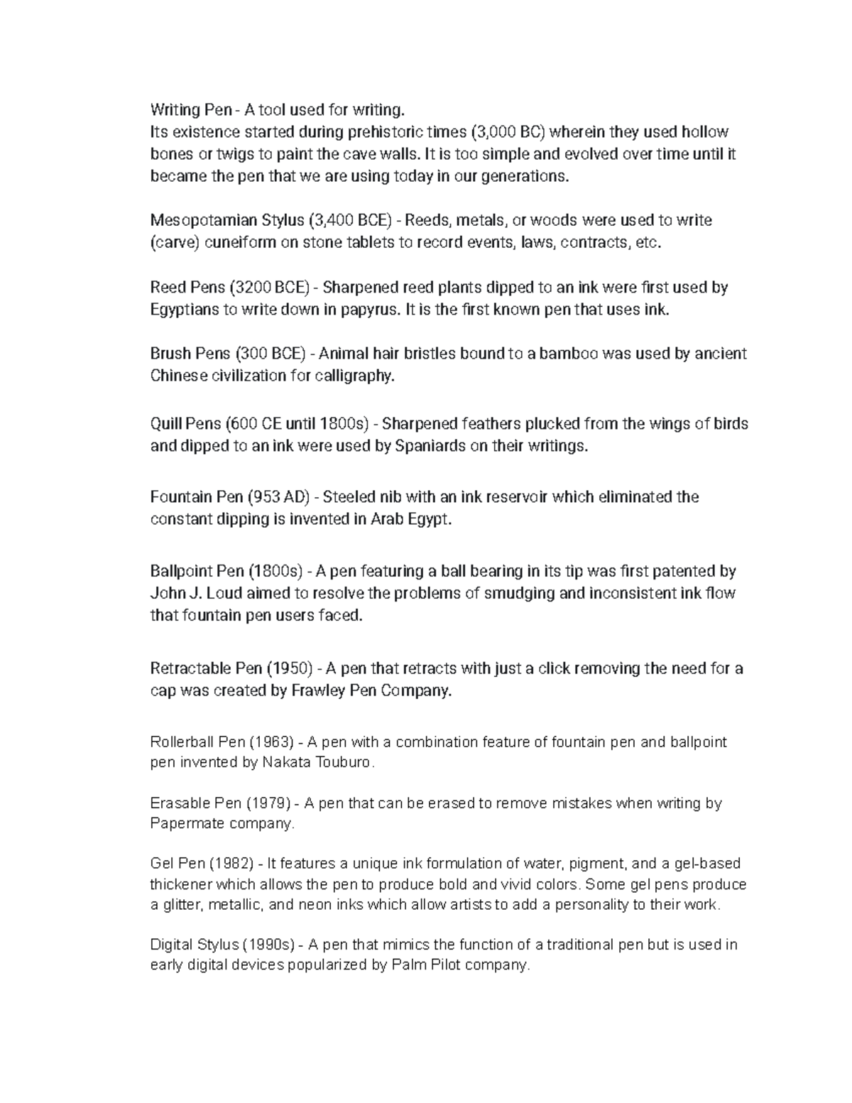 Pen Timeline: Evolution of Writing Instruments Through History - Studocu