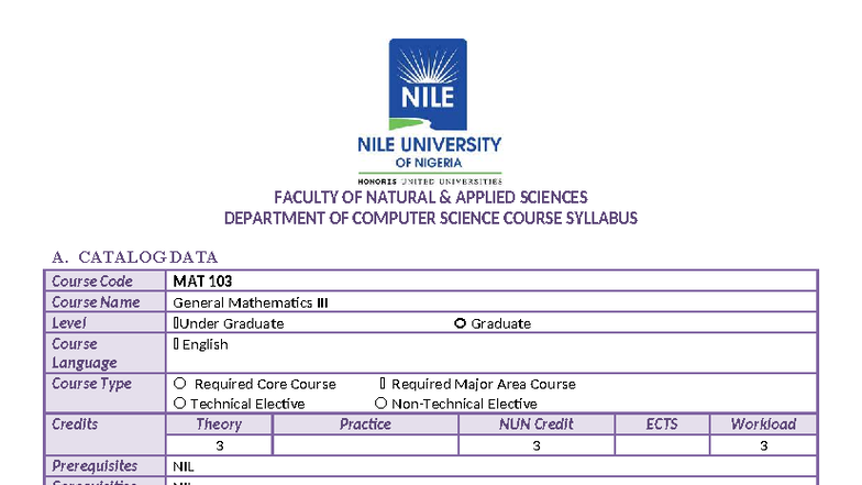 MTH 103 Course Syllabus: General Mathematics Overview - Studocu