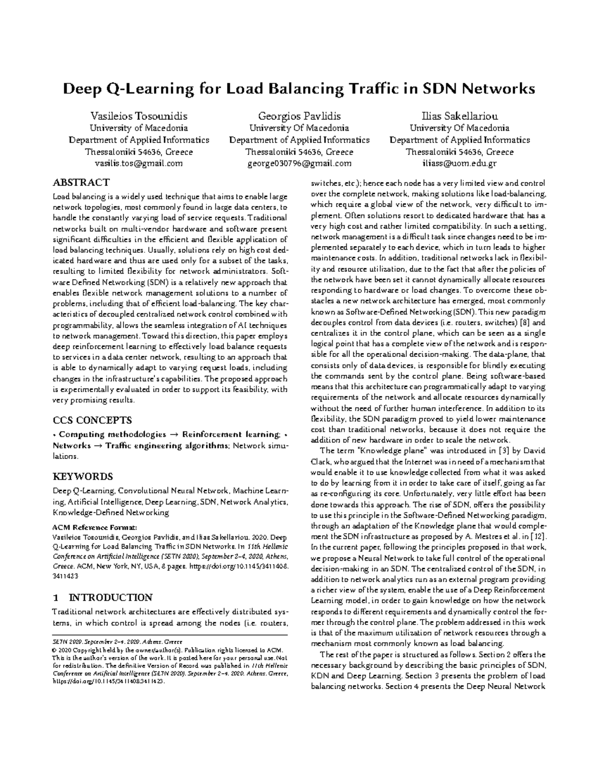 Deep Q-Learning for Load Balancing in SDN Networks (SETN 2020) - Studocu