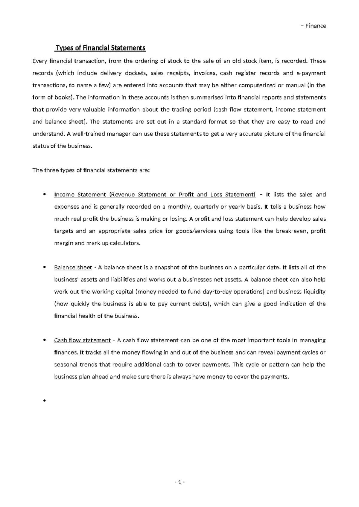 Year 11 Finance: Types of Financial Statements Explained - Studocu
