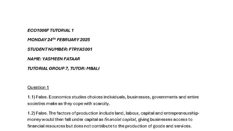 ECO1006F Tutorial 1 Notes - February 24, 2025 - Studocu