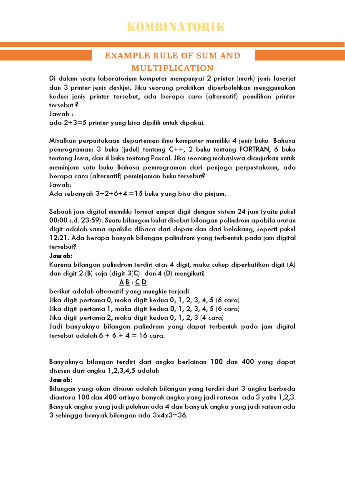 Example of Rules of Sum and Multiplication in Combinatorics - Studocu