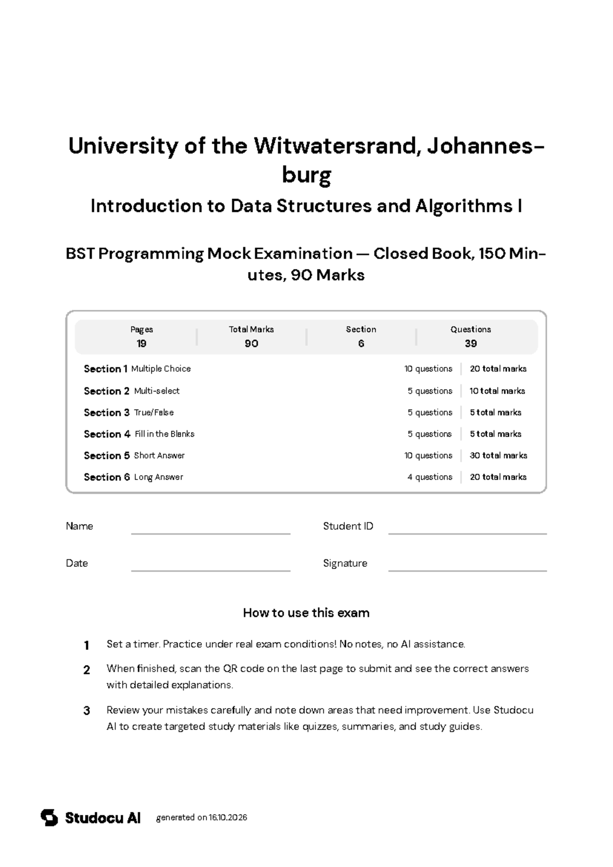 BST Programming Mock Exam - Closed Book, 150 Minutes - Studocu