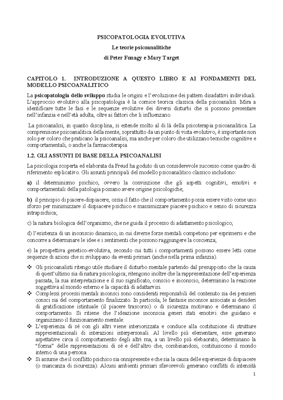 Psicopatologia Evolutiva: Fondamenti di Fonagy e Target (Cap. 1-2 ...