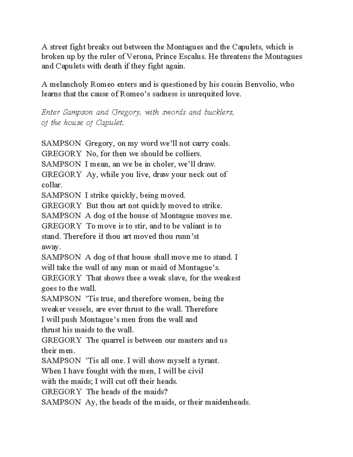 Romeo and Juliet: Act 1 Scene 1 Summary (ENG 101) - Studocu