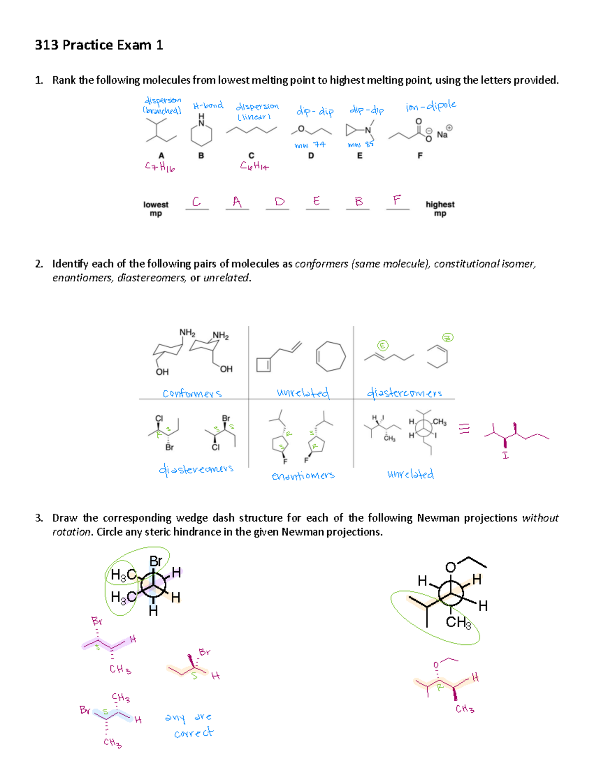313 Practice Exam 1 KEY - Molecular Structures & Stereochemistry - Studocu