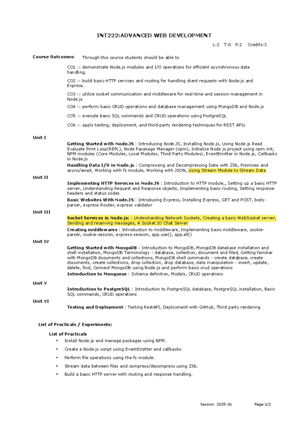 WEB DEVELOPMENT L:2 Node.js Syllabus and Course Outcomes - Studocu