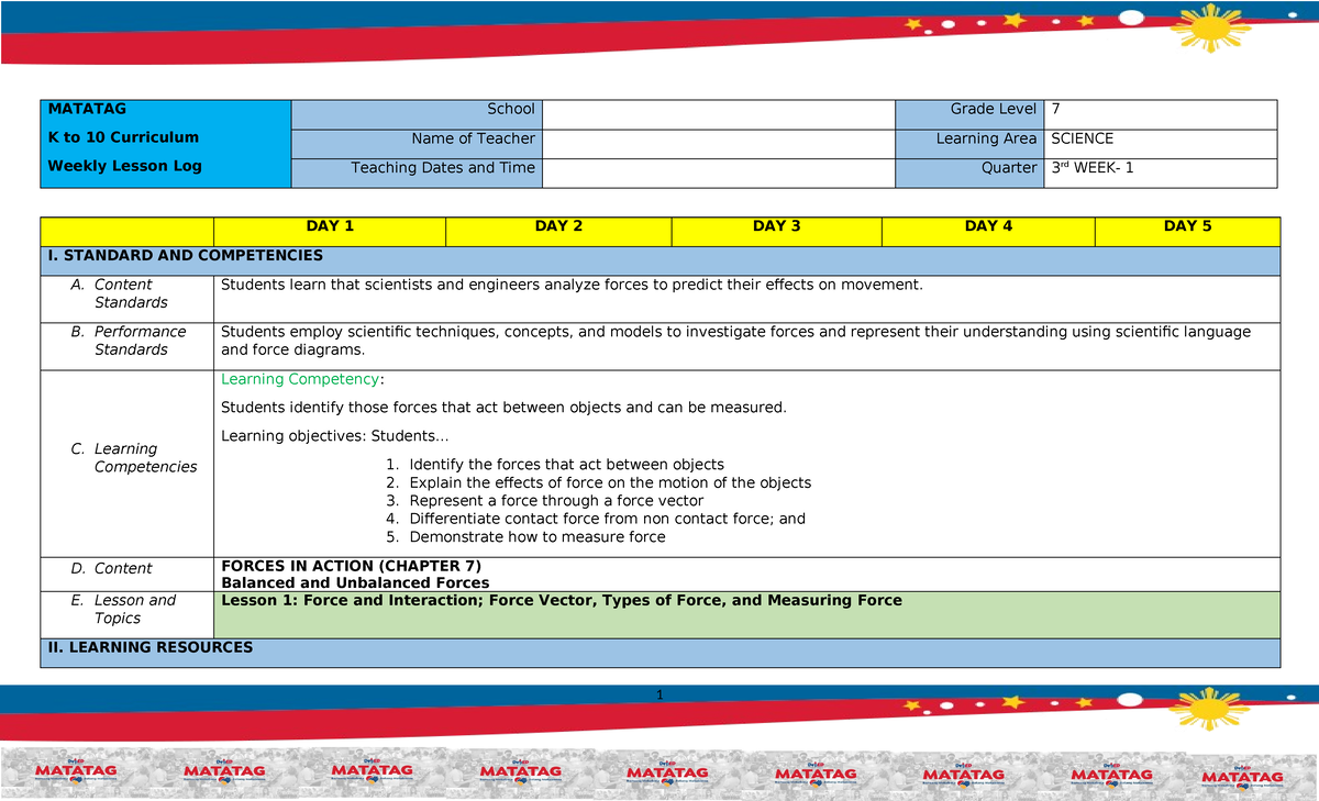 Science 7 DLL Week 1- Q3 - MATATAG K to 10 Curriculum Weekly Lesson Log ...