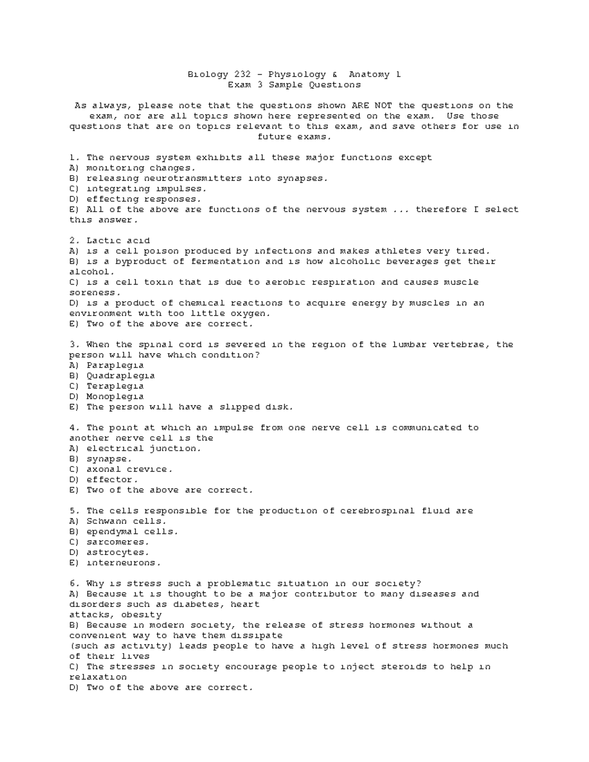Biology 232 Physiology Anatomy Exam 3 Sample Questions - Studocu