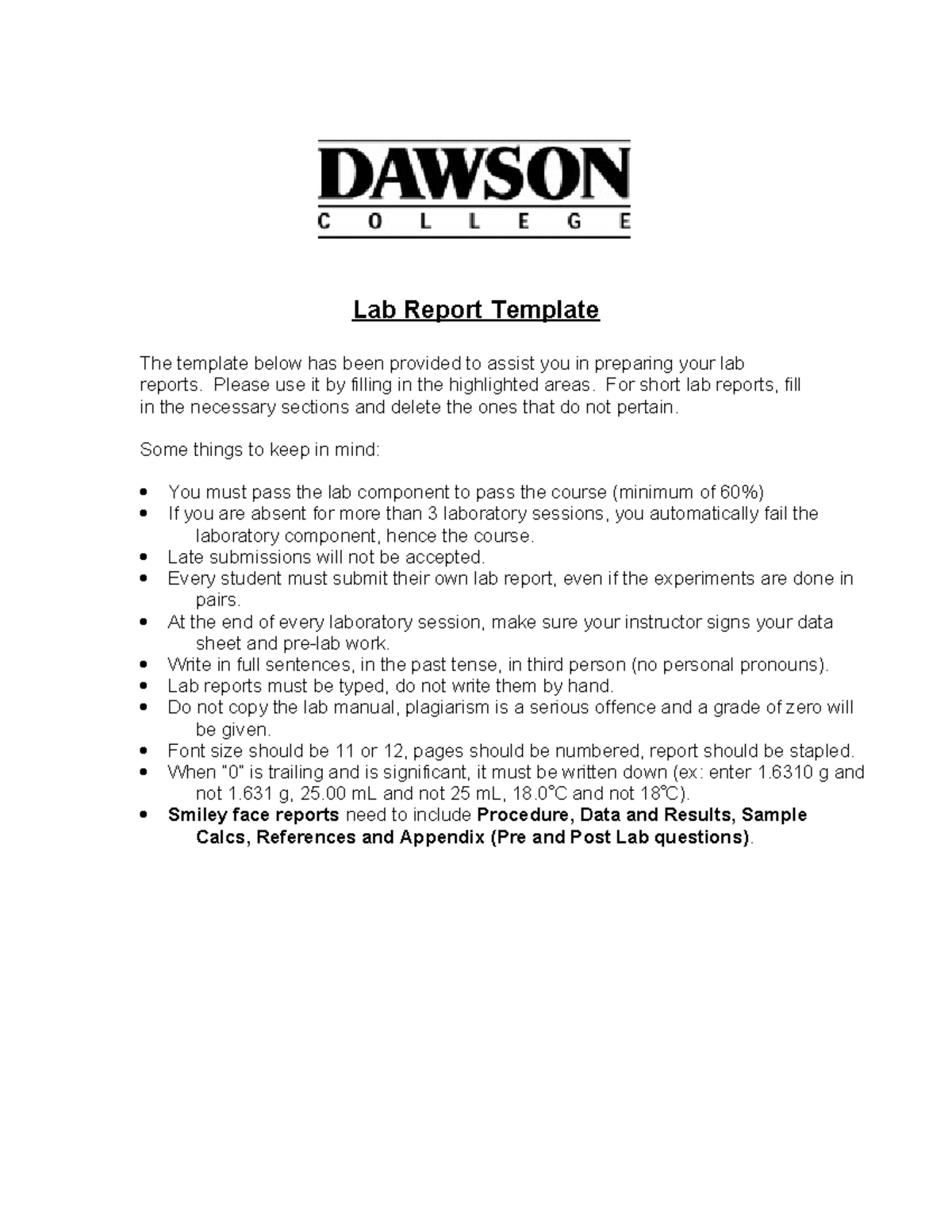 Dawson College Lab Report Template for Experiments - Studocu