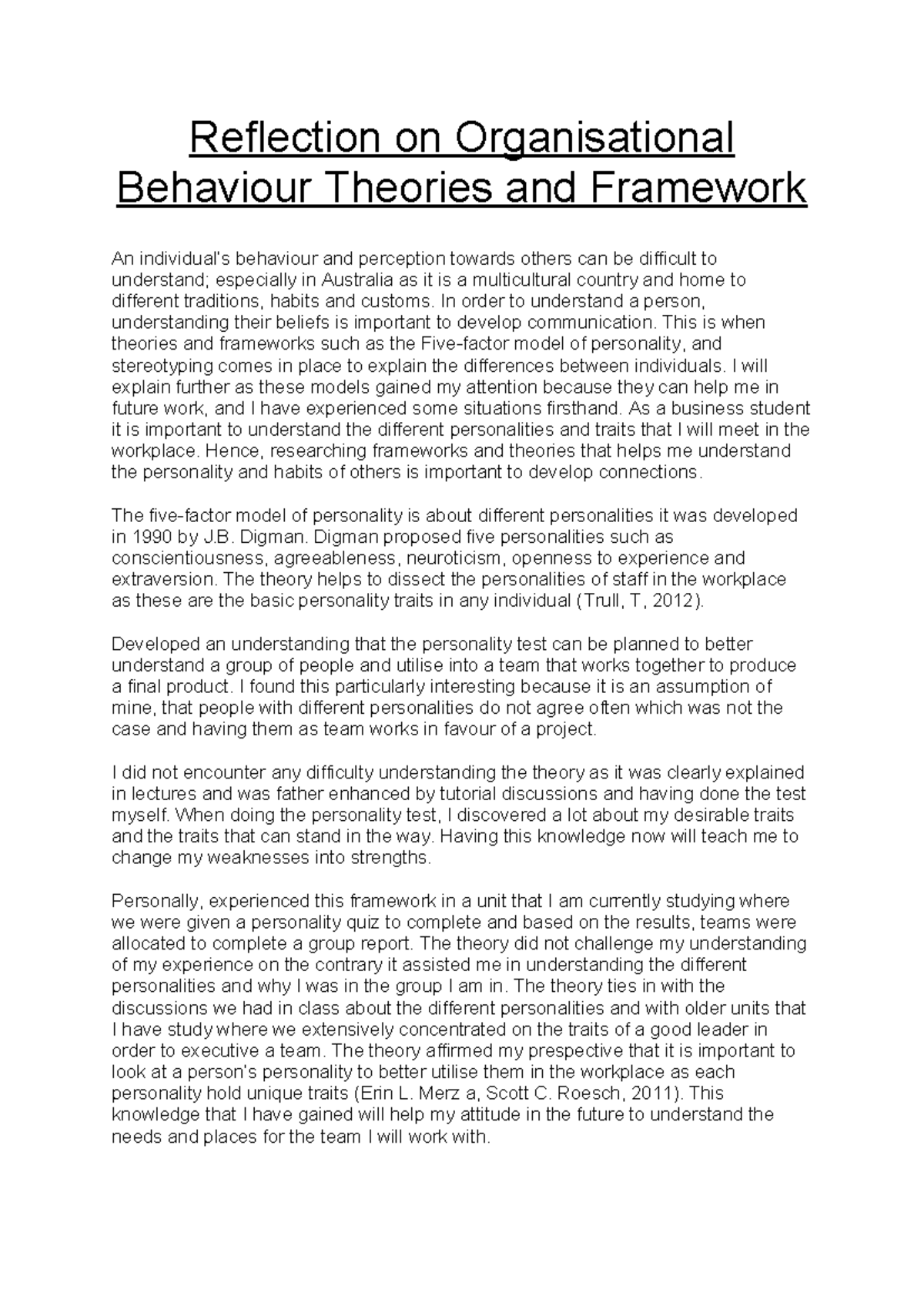 OB Reflective Writing - Understanding Behavior Theories and Stereotypes ...